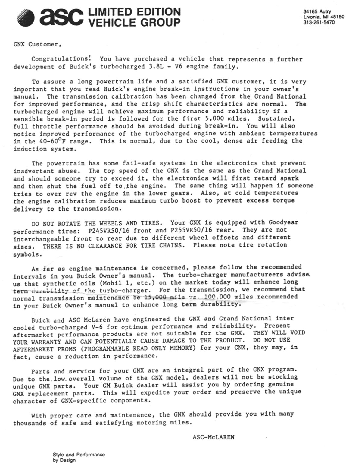 Buick GNX ASC Build Line Station Sheet & Customer Info Letter