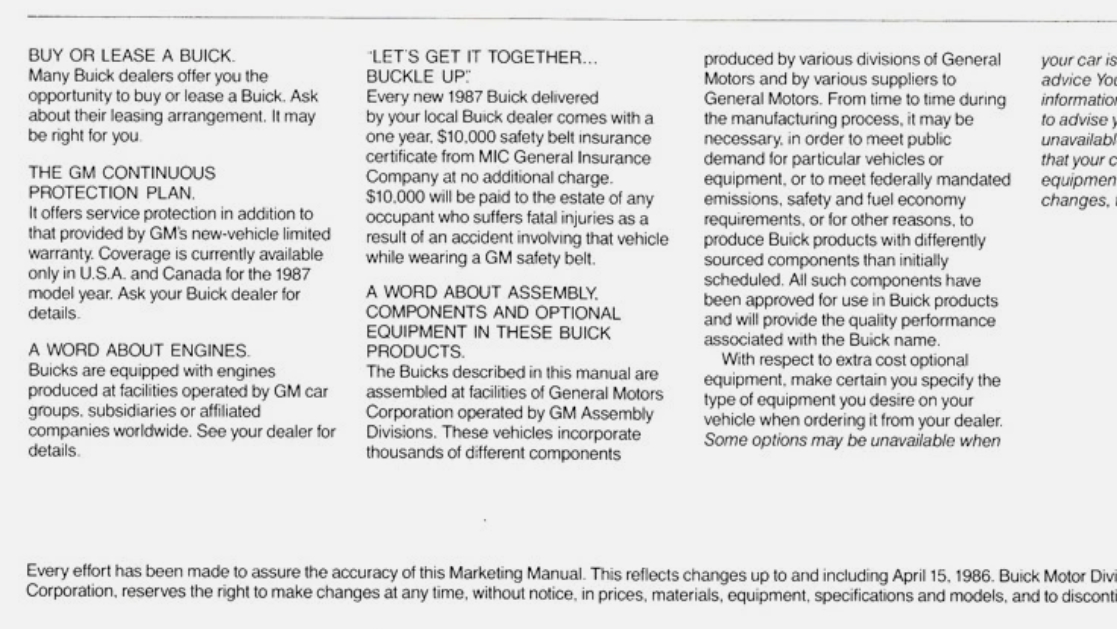 1987 Buick Fleet Buyers Guide (Commercial Rental Leasing Purchasers)